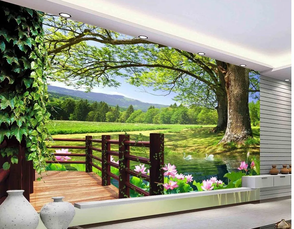 Luxury European Modern HD 3D Tree Landscape Wall Mural For Hideout Tv ...