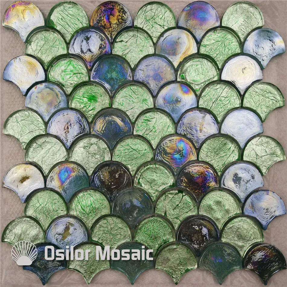 Fan Shaped Blue And Green Glass Mosaic Tile For Interior House