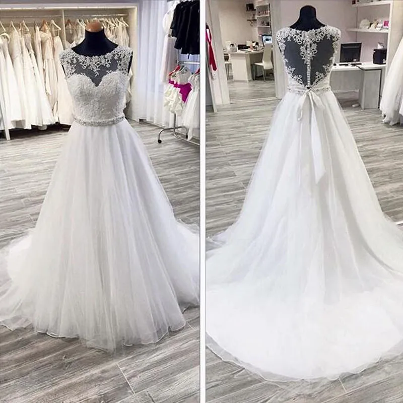 Elegant A Line Lace Wedding Dress With Beaded Sash And Heart Shaped ...