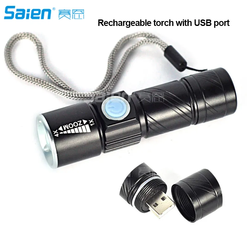 Mini USB Rechargeable LED Flashlight Torch Adjustable Focus Zoomable ...