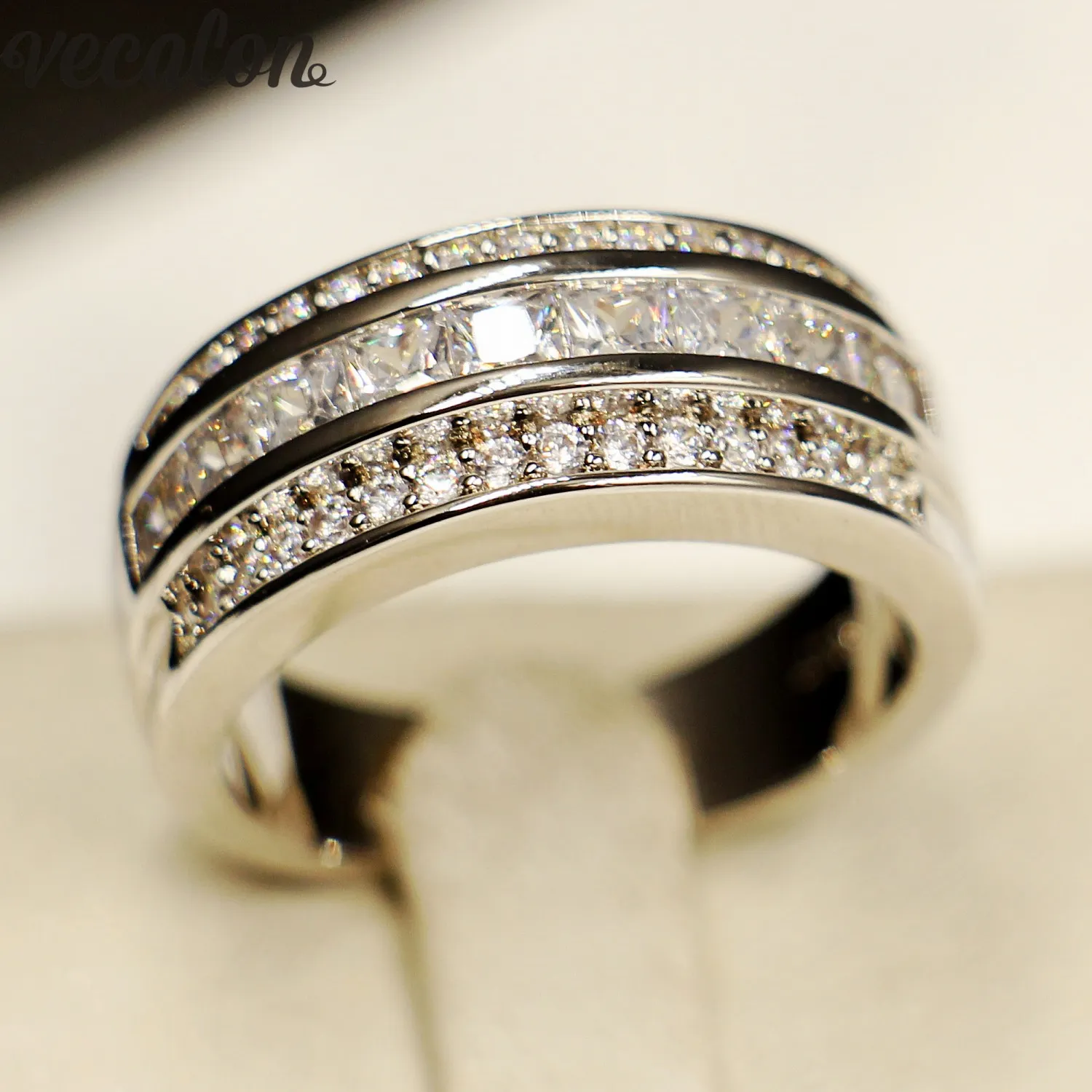 Vecalon 10KT White Gold Filled Princess Cut 5A Zircon CZ Wedding Band Ring For Men Ideal For ...