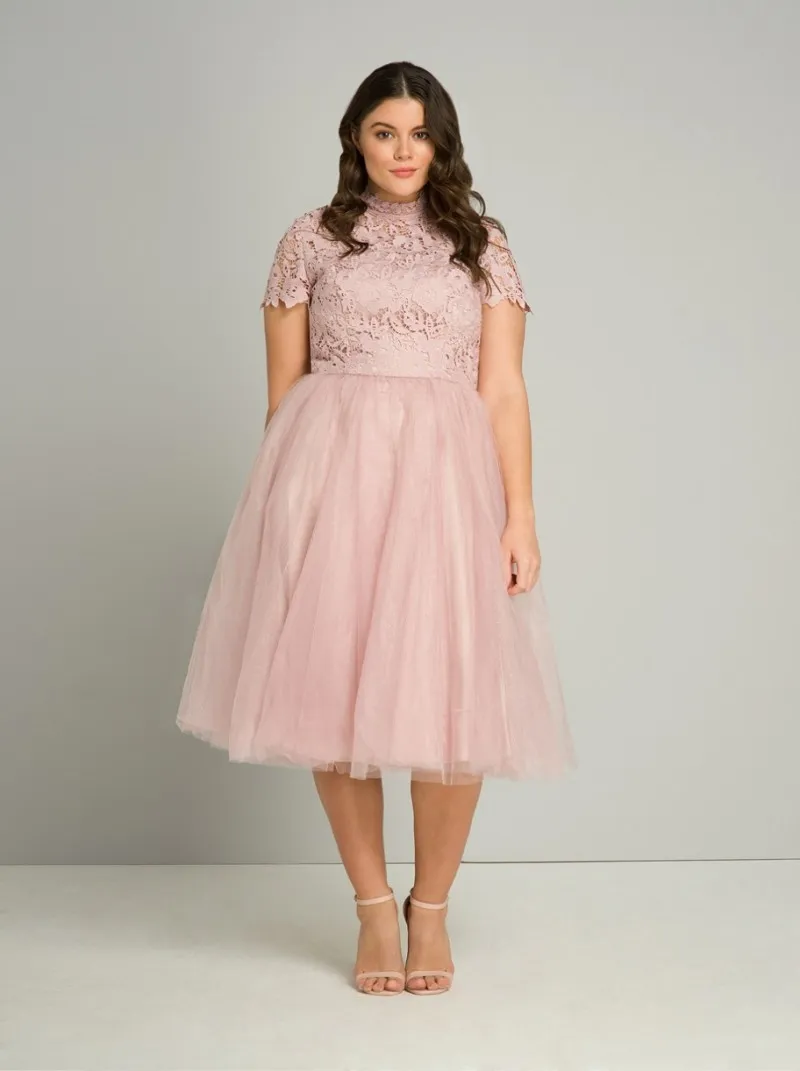 Tea Length Plus Size Prom Dresses 2019 High Neck Pink Lace Appliqued