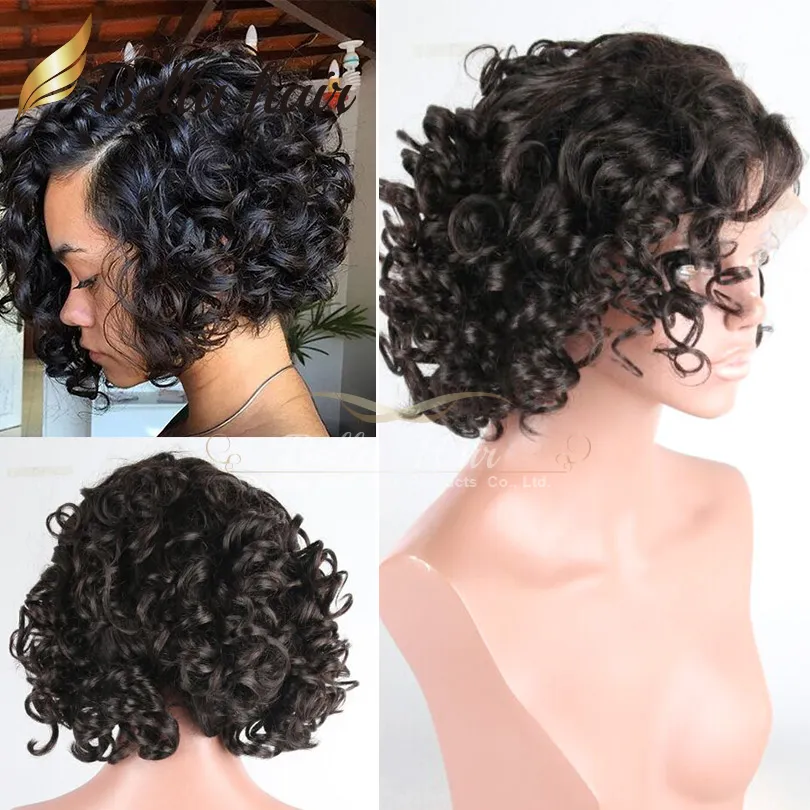 Curly Side Part Bob Full Lace Wig Human Hair Glueless Lace Frontal Wig ...