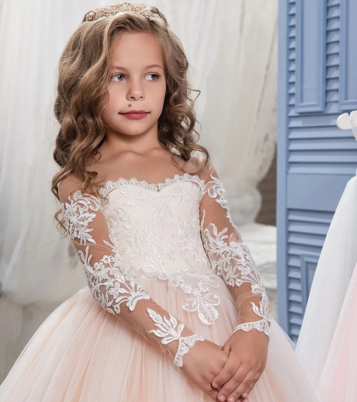 Ivory Lace And Blush Tulle Flower Girl Dress With Long Sleeves From