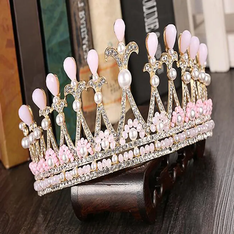 Pink Pearl Crystal Baroque Style Wedding Tiara with Faux Pearl ...