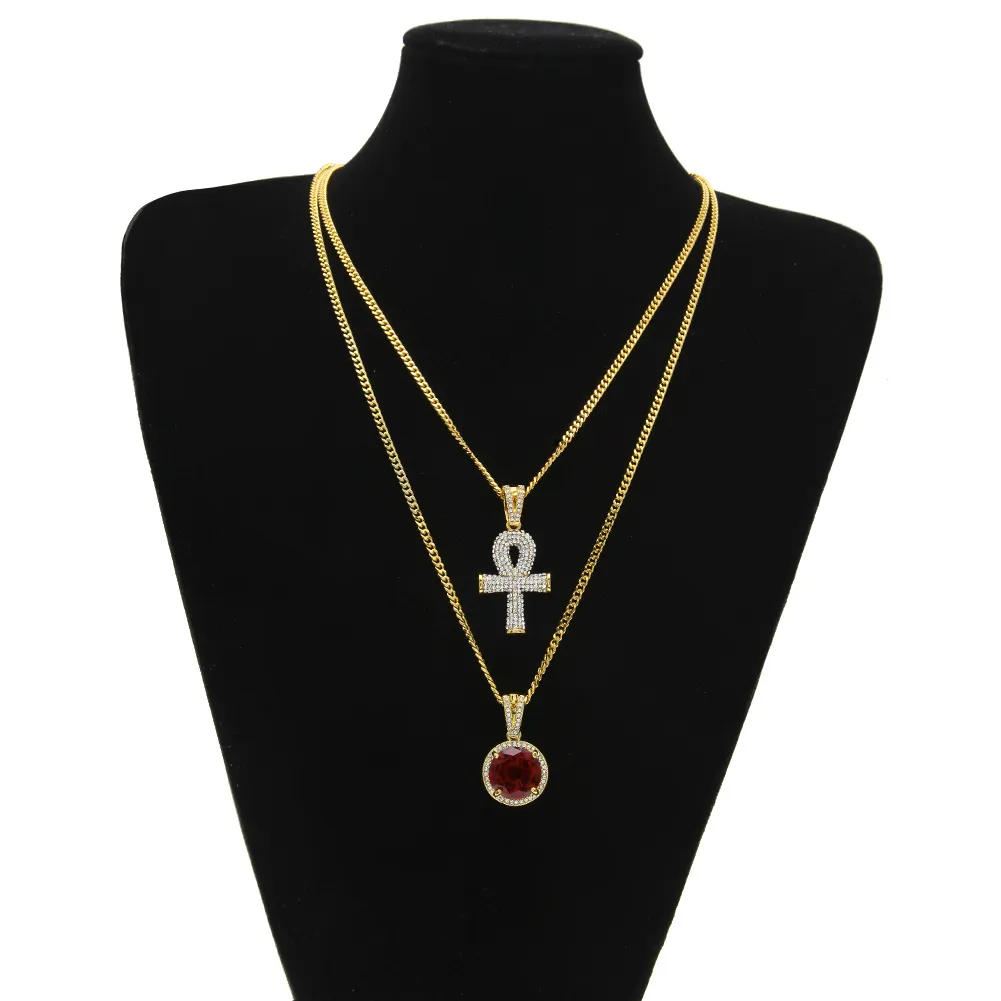 Gold Ankh Pendant Necklace Set Egyptian Cross Charm With Simulated Ruby ...
