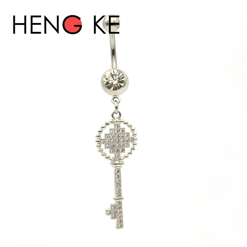 Crystal Zircon Belly Bar Lock Key Dangle Navel Ring, Surgical Steel ...