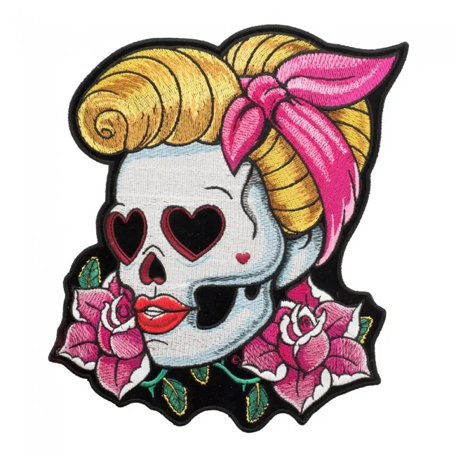 Embroidered Skull & Pink Rose Pin Up Patch For Girls 7x8.5 Inches ...