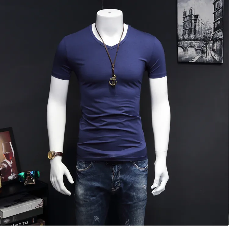 Top Quality Pure Color Mens T Shirt Short Sleeve V Neck Modal Cotton ...