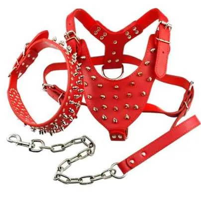 Spiked Studded Leather Dog Harness, Collar & Leash Set For Medium Large ...