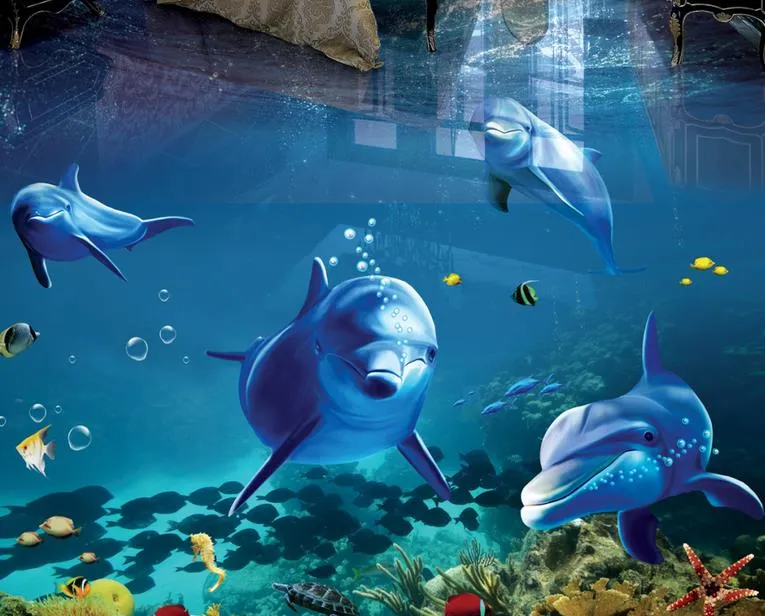 3D Vinyl Flooring Tropical Fish & Dolphin Underwater World Bathroom ...
