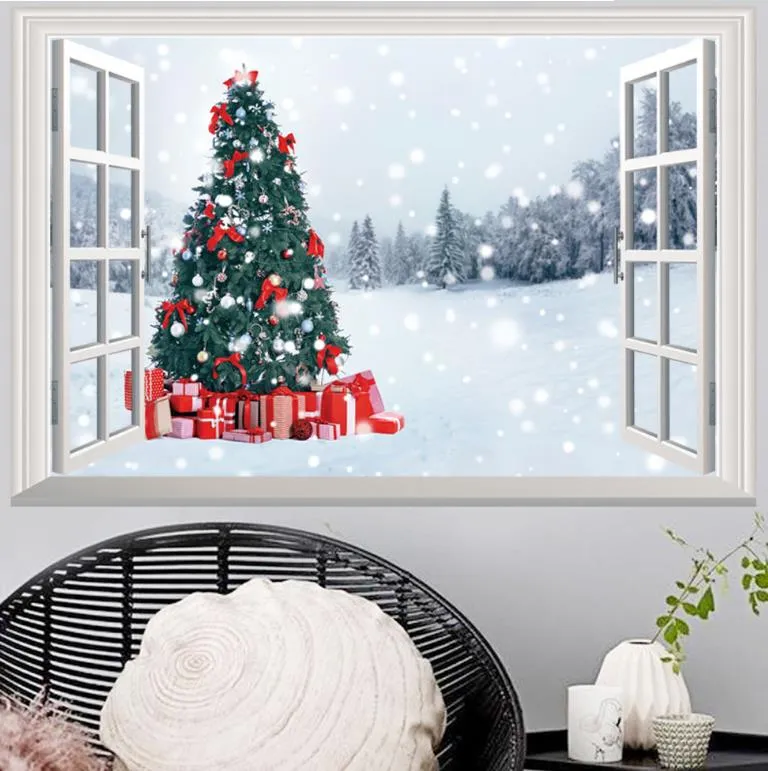 3D Photo Wallpaper Christmas Elk Santa Claus Windows 3d Wall Stickers ...