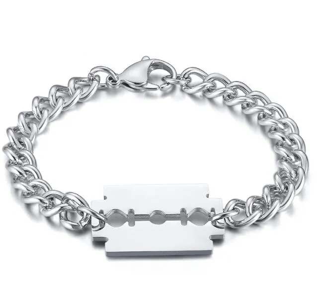 Mens Charm Bracelet, Stainless Steel Oval Chain Bangle With Razor Blade ...