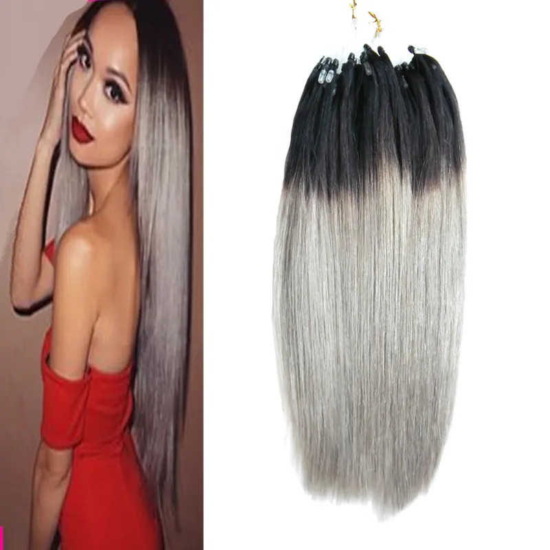 Ombre Micro Loop stranded hair extensions - Silver Gray, 100g/1g Stand ...