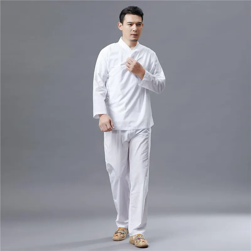 Men's White Hemp Cotton Han Suit With Long Sleeves And Creative Linen ...