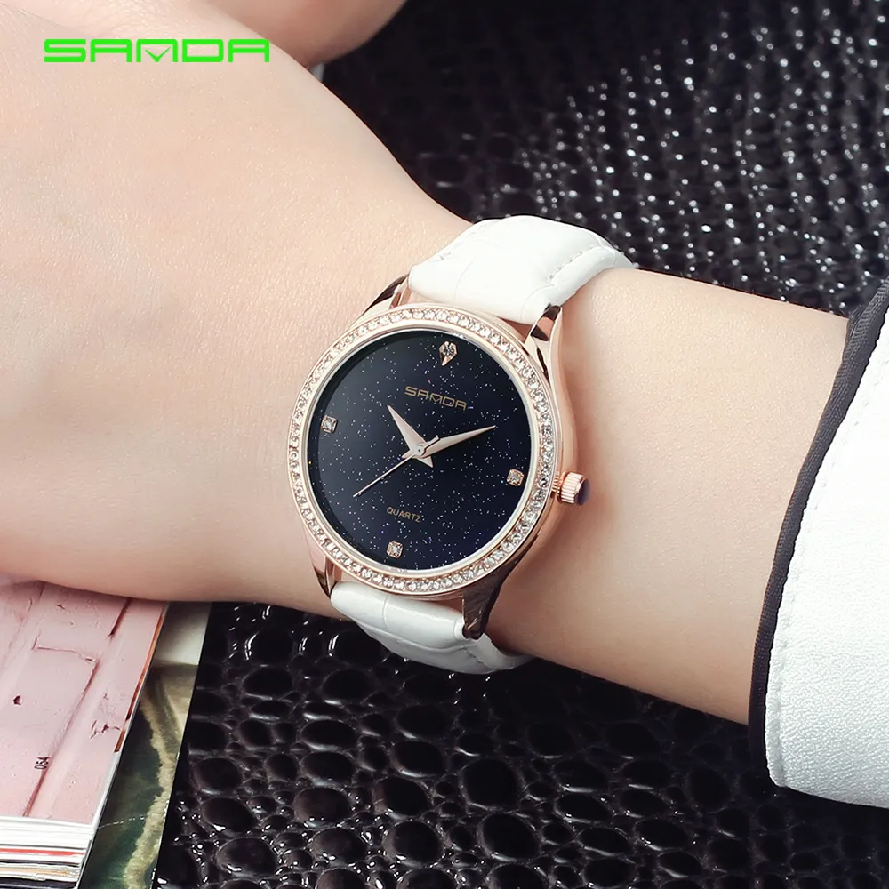 Women Quartz Watch SANDA Elegant Red Leather Wristwatch Waterproof ...