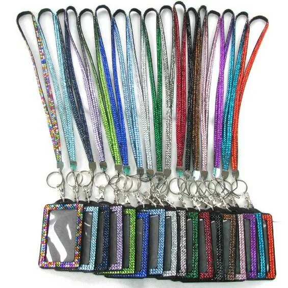 Custom Rhinestone Crystal Neck Lanyard Strap With Vertical PU Photo Identity Card Badge Holder ...