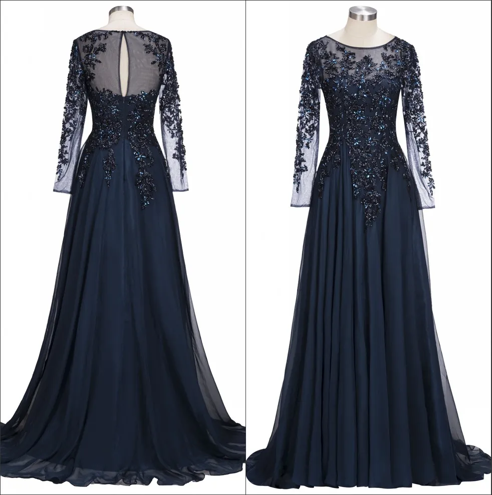 Navy Blue Sheer Long Sleeves Chiffon Mother Of The Bride Dresses Beaded ...