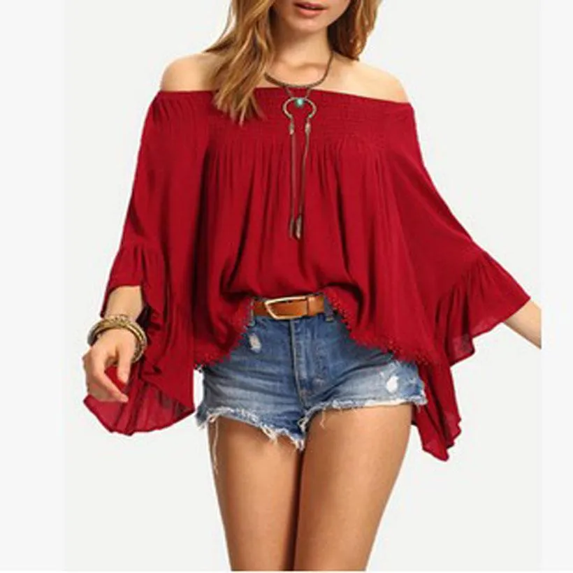 Fashion Women's Off Shoulder Loose Red Lace T-Shirt Female Casual Tops ...