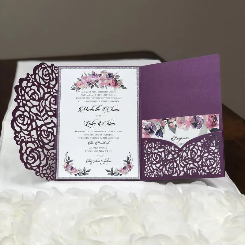 DHgate.com:Purple Glitter Wedding Invitations, Shimmer Trifold Wedding ...