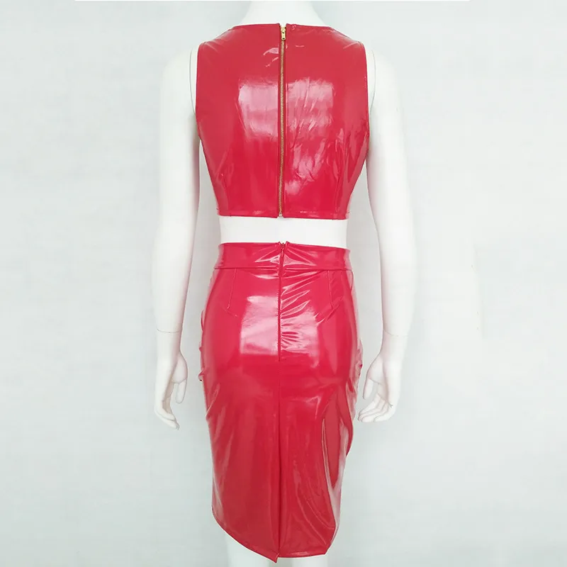Red PU Leather Two Piece Tight Dress Set With Deep V Neck Crop Top And ...