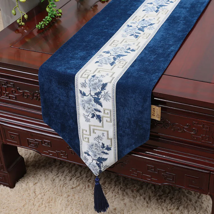 Latest Patchwork Lace Velvet Dark Blue Table Runner Wedding Christmas ...