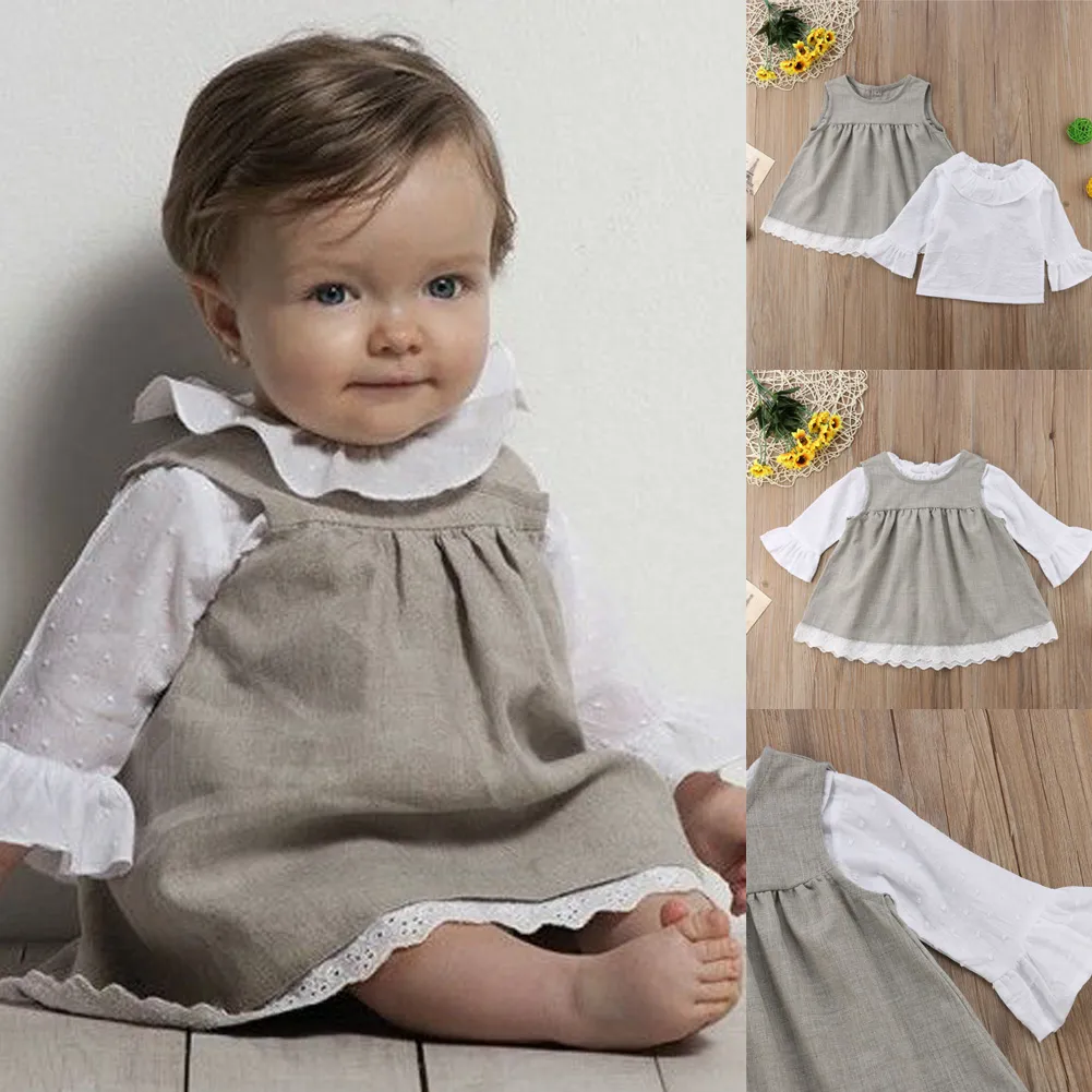 Newborn Baby Girl Cute Lace Ruffled Shorts Dress Tops Set Outfit Gray ...
