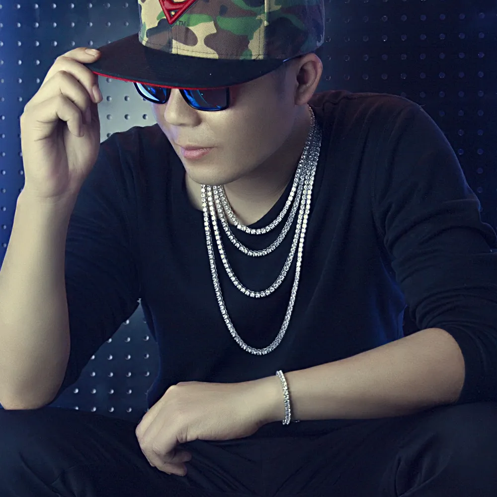 Hip Hop Jewelry Sets Iced Out Chains Mens 1 Row Bling Bling White Black ...