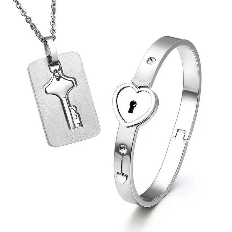 Love Lock Jewelry Set: Heart Bangle Bracelet & Key Necklace - Couples ...