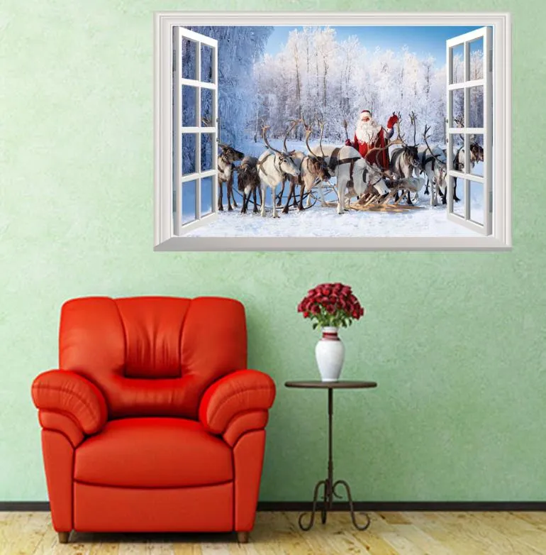 3D Photo Wallpaper Christmas Elk Santa Claus Windows 3d Wall Stickers ...