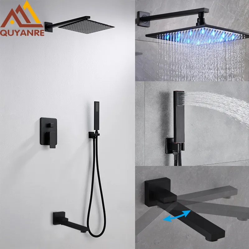 LED Rainfall Shower System - Black ORB Shower Faucet Set with Swivel ...