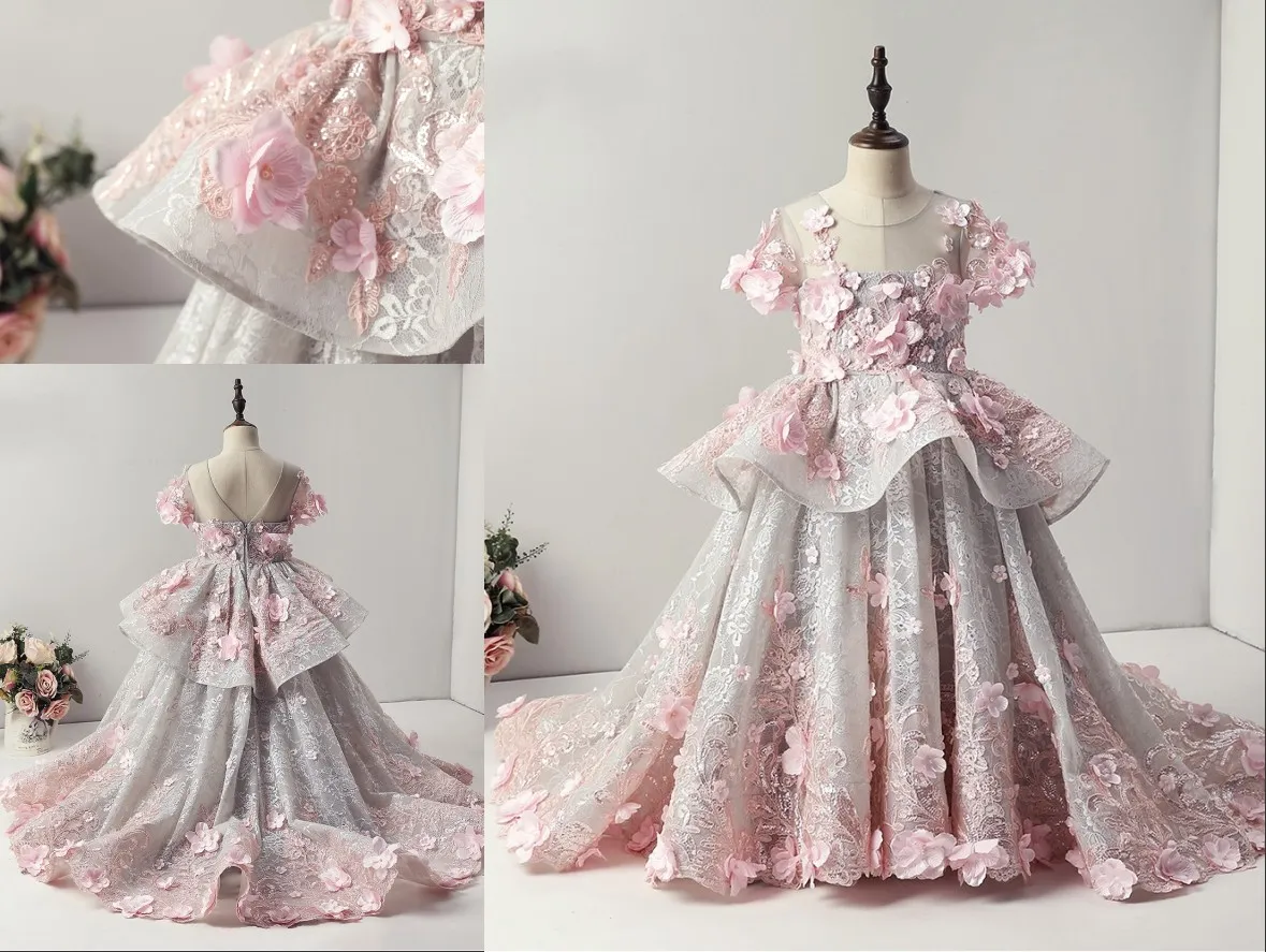 Girls A-Line Pageant Dress with Short Sleeves 3D Floral Lace Applique ...