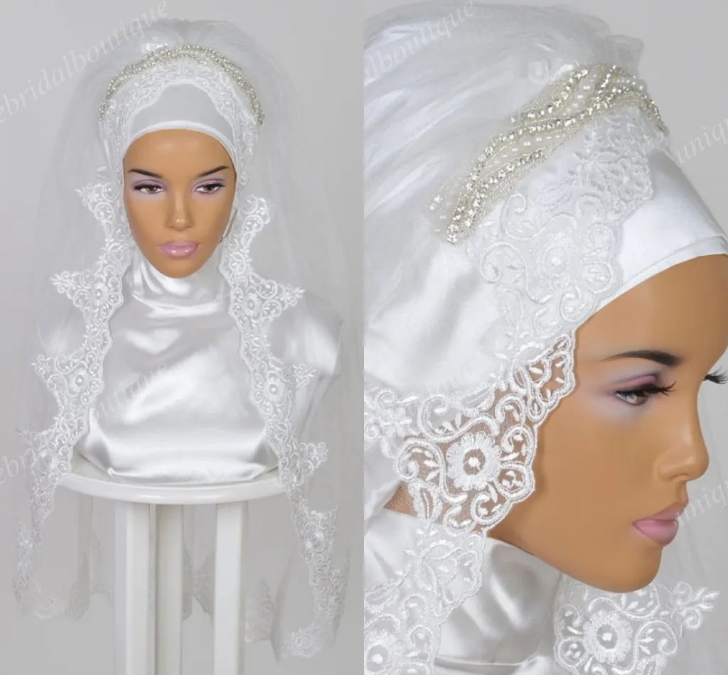 Vintage Lace Muslim Bridal Veils 2024: Elbow Length Tulle Hijab For ...