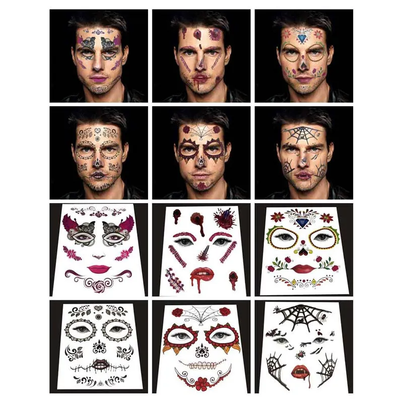 Halloween Fake Tattoos: Face Tattoo Stickers, Waterproof Temporary Face ...