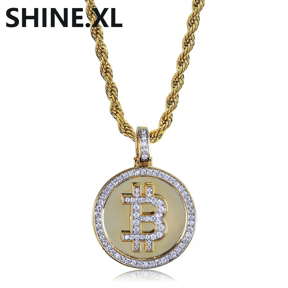 Iced Out Micro Pave Zirconia Bitcoin Pendant Necklace Gold Plated Hip ...