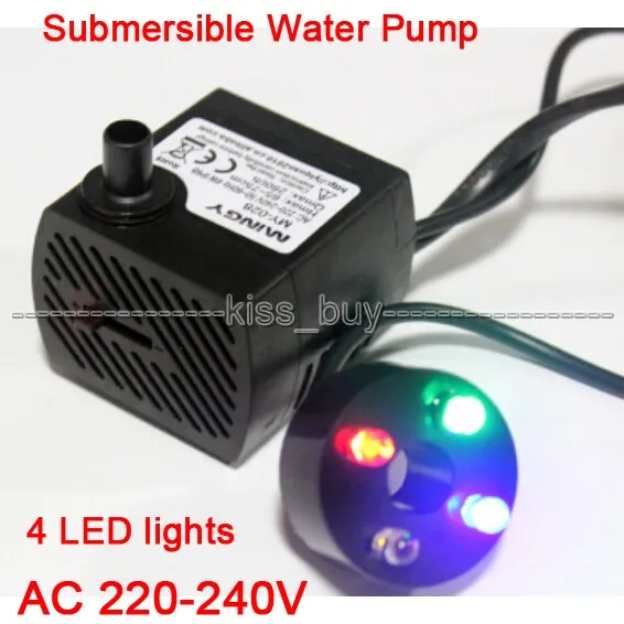 Submersible Water Pump with 4 LED Lights 180L/H 2.5W for Aquarium Fish ...