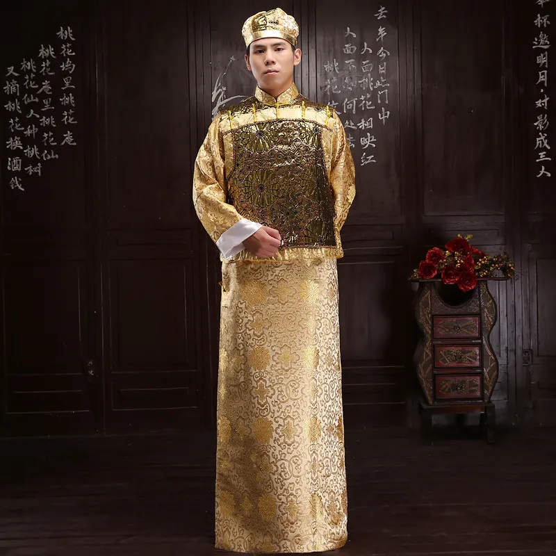 Traditional Chinese Clothes Men: Golden Imperial Style Long Gown Robe ...
