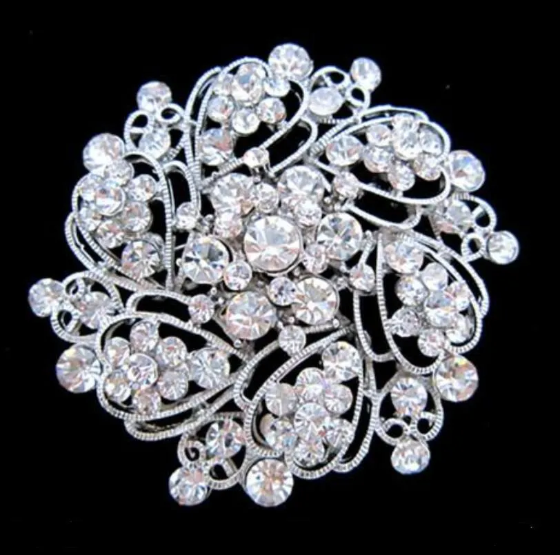 Vintage Look Flower Brooch with Rhinestone Crystals - Elegant Silver ...