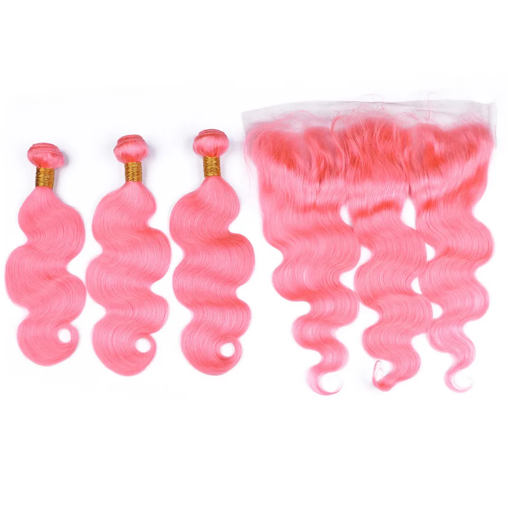 Straight Pink Colored Virgin Peruvian Human Hair Wefts With Frontal ...