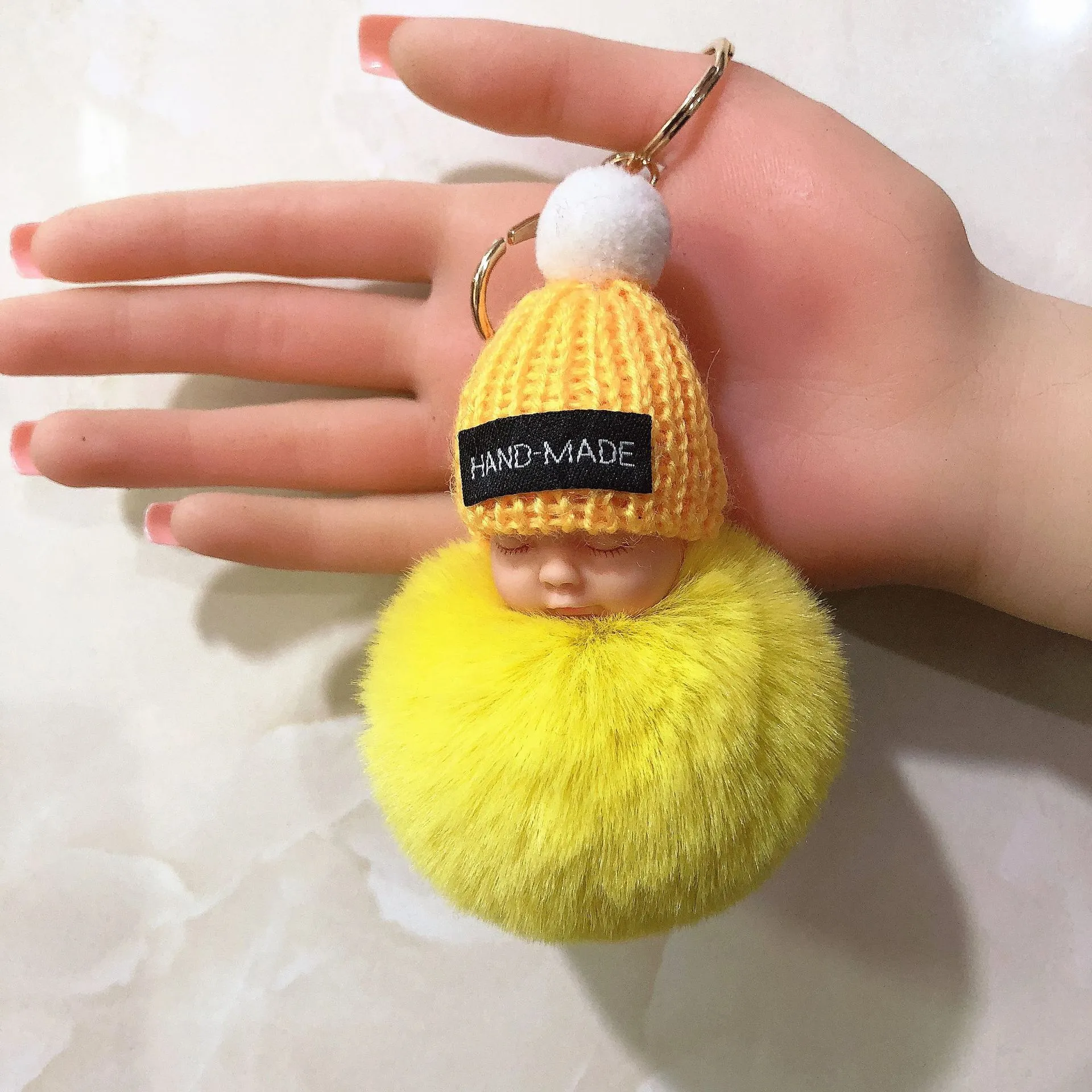 Cute Sleeping Baby Doll Keychain Faux Pompom Rabbit Fur Ball Plush ...