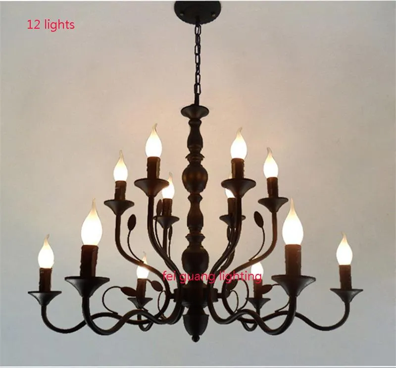 Rustic Black Iron Chandelier Vintage Candle Style Wrought Iron Lamp For ...