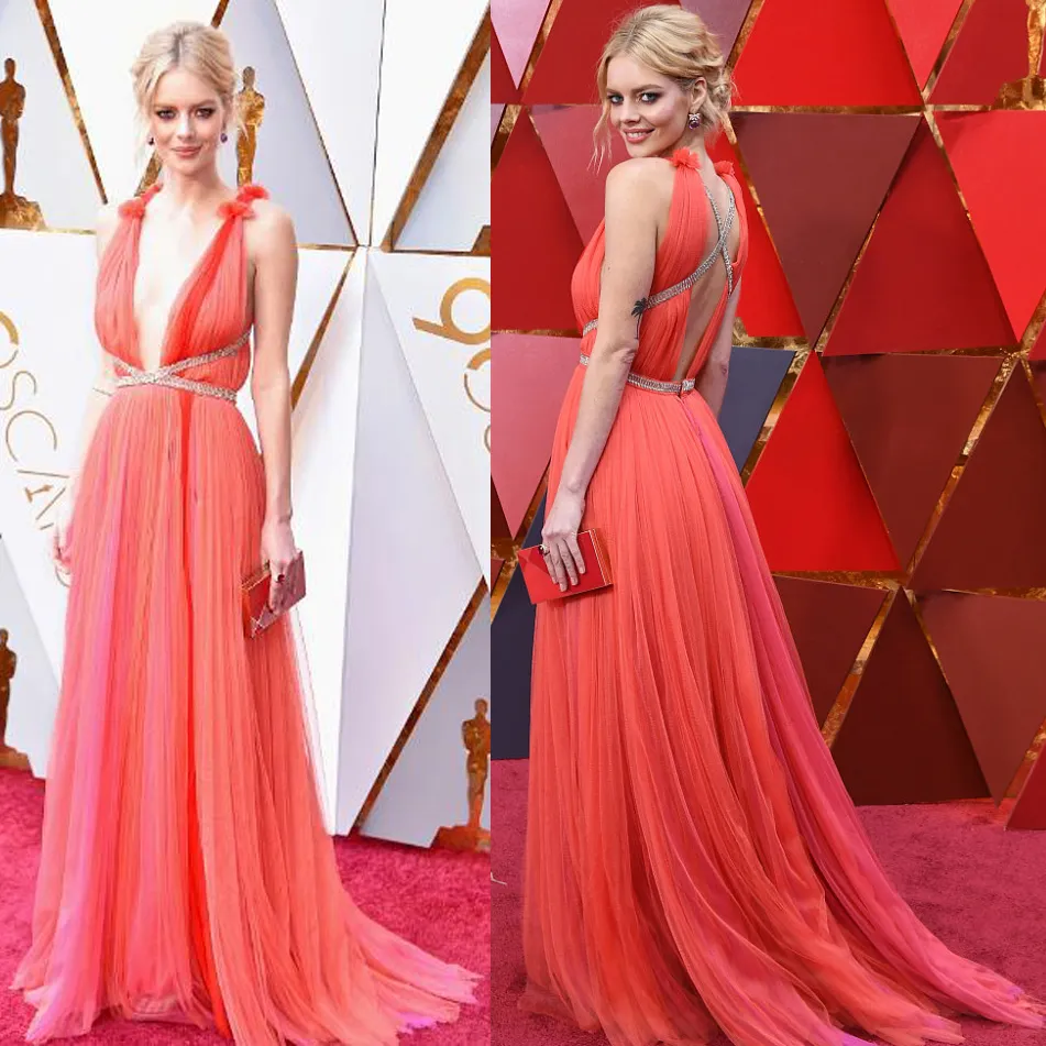 Samara Weaving Inspired Deep V Neck Prom Dress With Crystal Cross Back ...