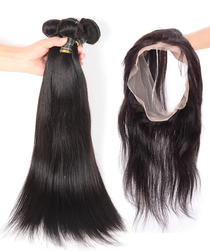 Malaysian 360 Straight Hair Bundle Set With 360 Lace Frontal Closure ...