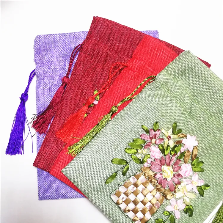 Hand Ribbon Embroidery Large Drawstring Bag Burlap Christmas Gift Bags ...
