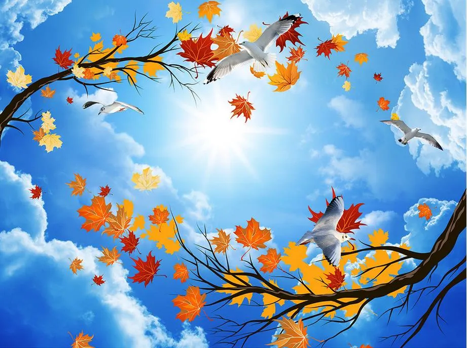 3d Art HD Fantasy Autumn Leaves Flower Clouds And Dove Ceiling Murals ...