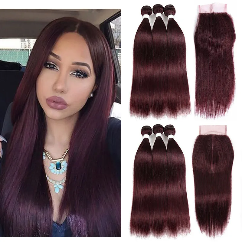 Wine Red Human Hair Bundles with Closure - #99J Brazilian Hair Weave ...