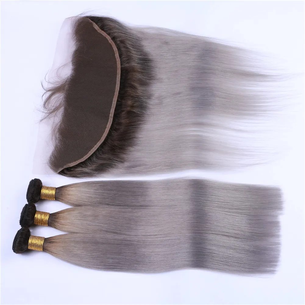 Malaysian Straight Grey Weave Human Hair With Dark Rooted #1B/Grey ...