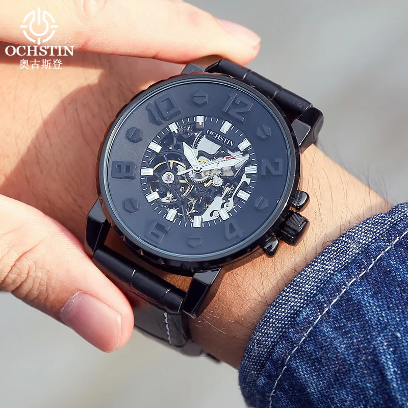 Top Brand Ochstin Mechanical Watch for Men, Black Leather Strap ...