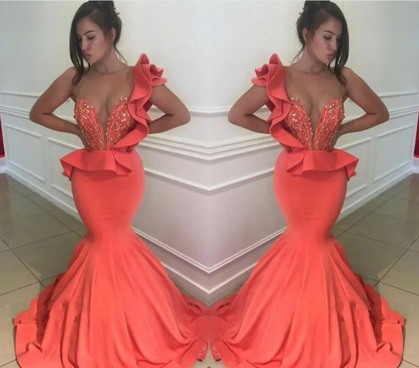 2019 Cheap Coral Evening Dress One Shoulder With Peplum Beaded Long ...