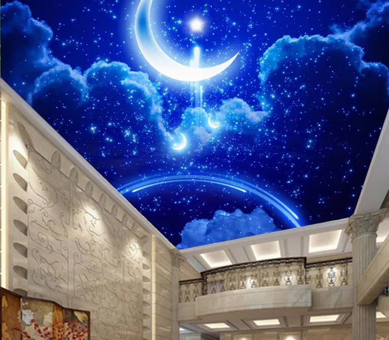 Starry Moon 3D Mural Ceiling Wallpaper Customizable For Living Room ...